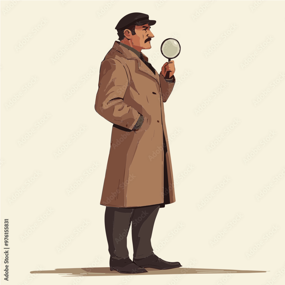 Vintage detective holding a magnifying glass in a trench coat and hat ...
