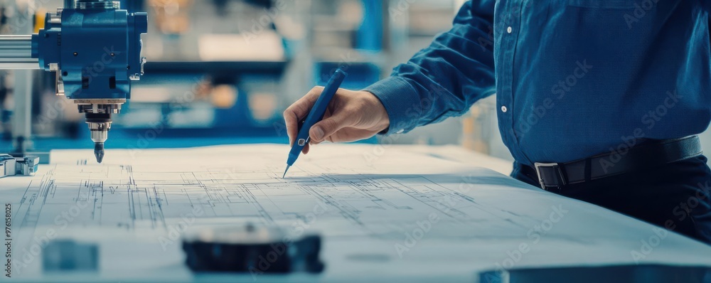 Engineer reviewing product blueprints while comparing with the final ...