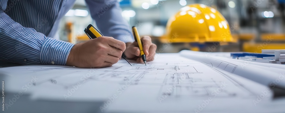 Engineer reviewing product blueprints while comparing with the final ...