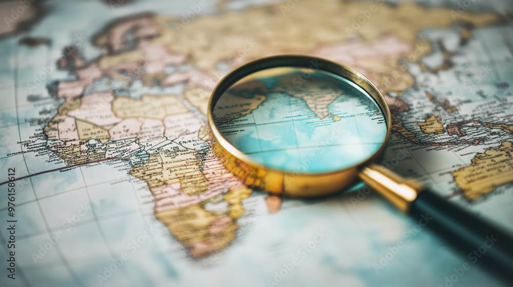 Magnifying glass placed on a world map focusing on Africa and the ...