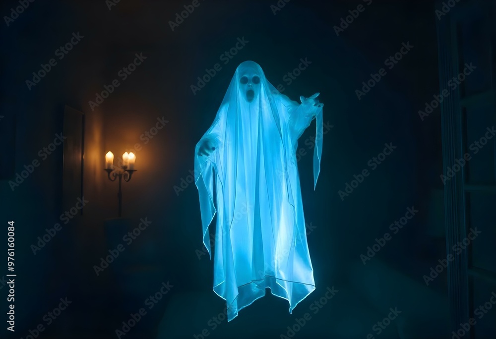 A transparent ghost figure floating in a dimly lit room, with faint ...