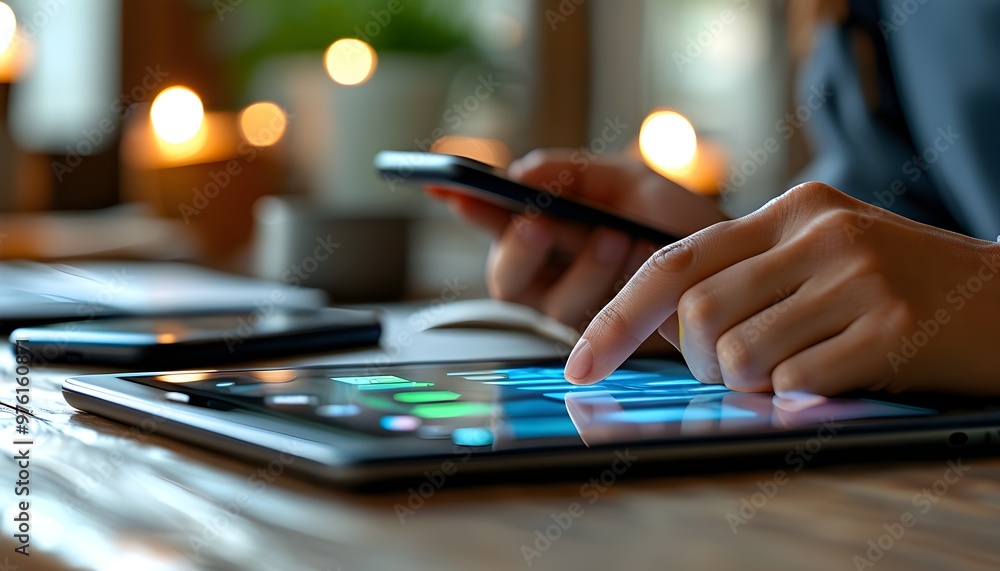 Syncing Technology: Hand with Tablet, Laptop, and Smartphone for Apps ...