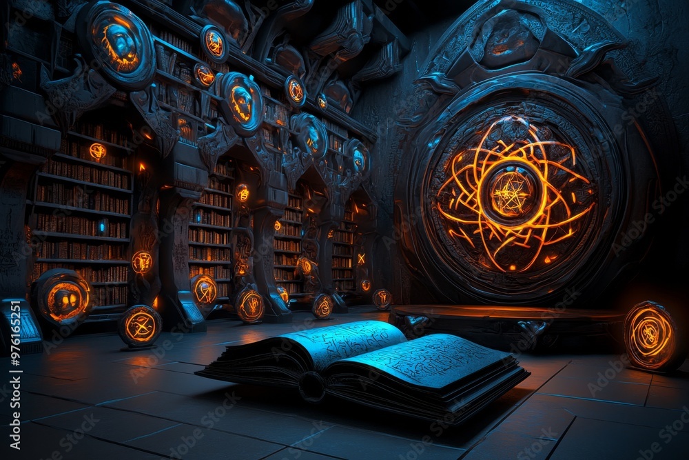 Magical Library of Spells illustrated in a mysterious setting, filled ...