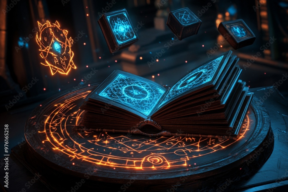 Magical Library of Spells illustrated in a mysterious setting, filled ...