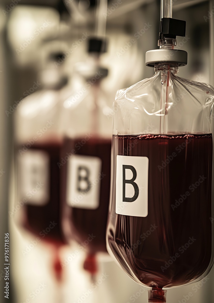 Three blood bags hanging from a rack, filled with red liquid. The bags ...