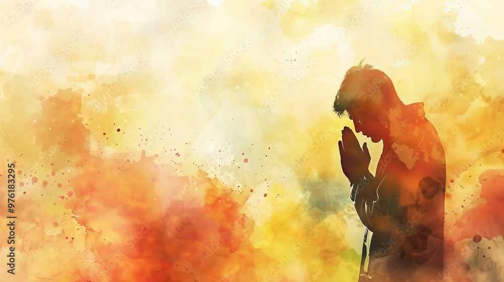 worship and devotion man praying with fervor on watercolor background ...