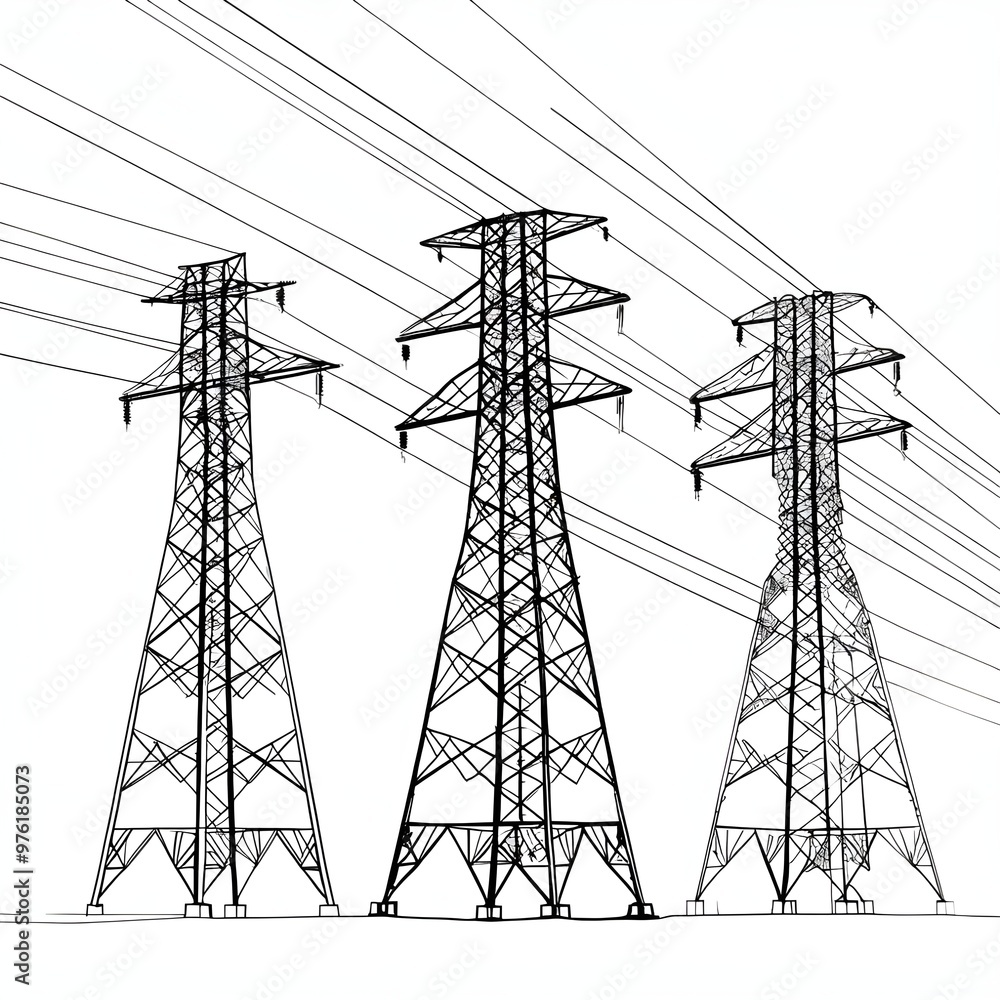 High-voltage power lines, triangular lattice electricity pylons with ...