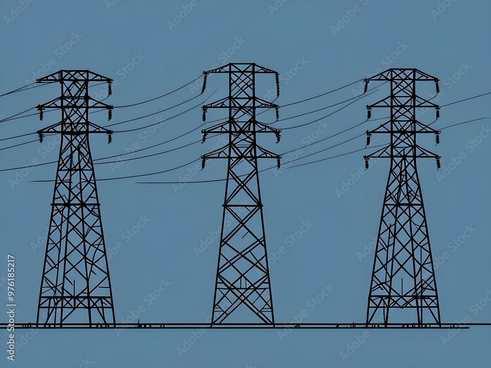 High-voltage power lines, triangular lattice electricity pylons with ...