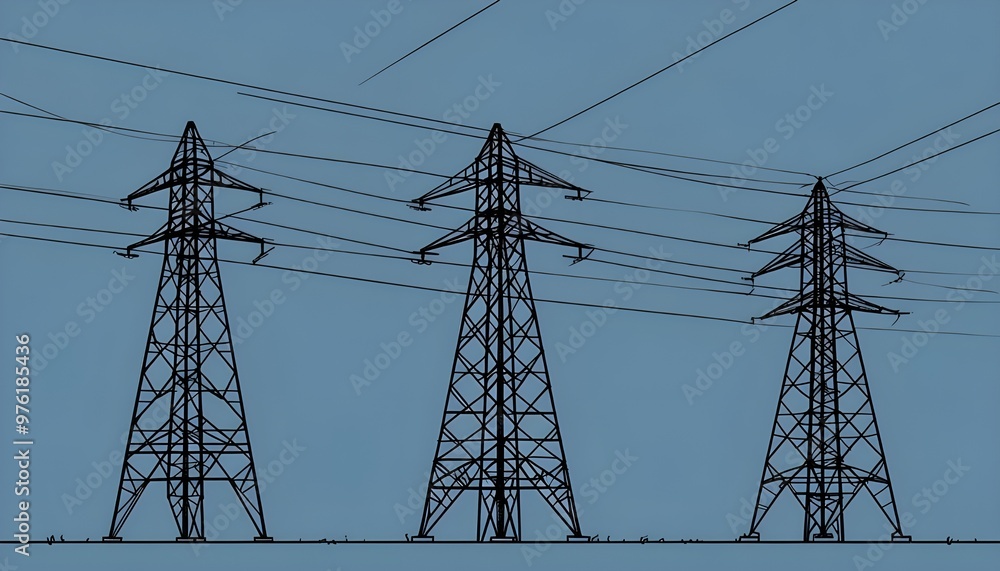 High-voltage power lines, triangular lattice electricity pylons with ...