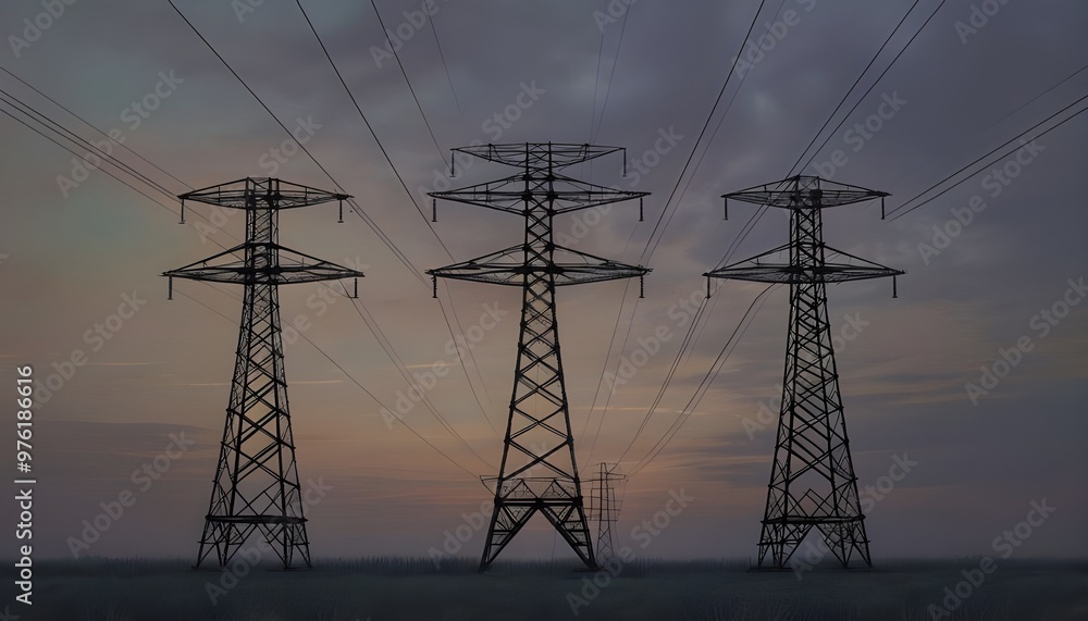 High-voltage power lines, triangular lattice electricity pylons with ...