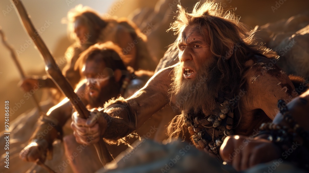 Three prehistoric hunters sit on rocky terrain, intently focused as ...