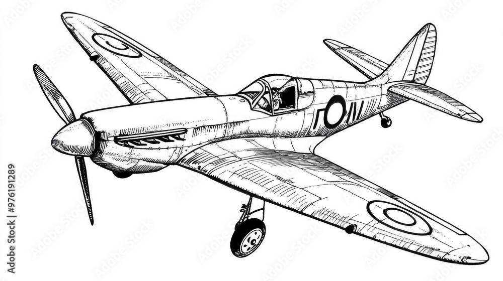 Schematic of a Spitfire fighter aircraft showcasing detailed ...