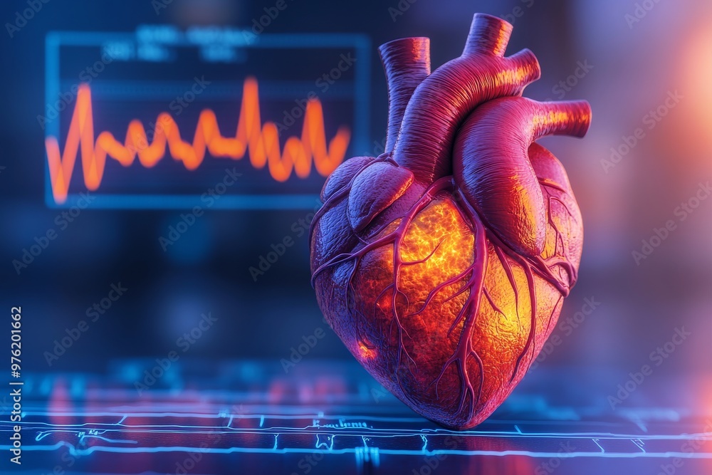 Detailed anatomical heart with pulse lines and vibrant medical data ...