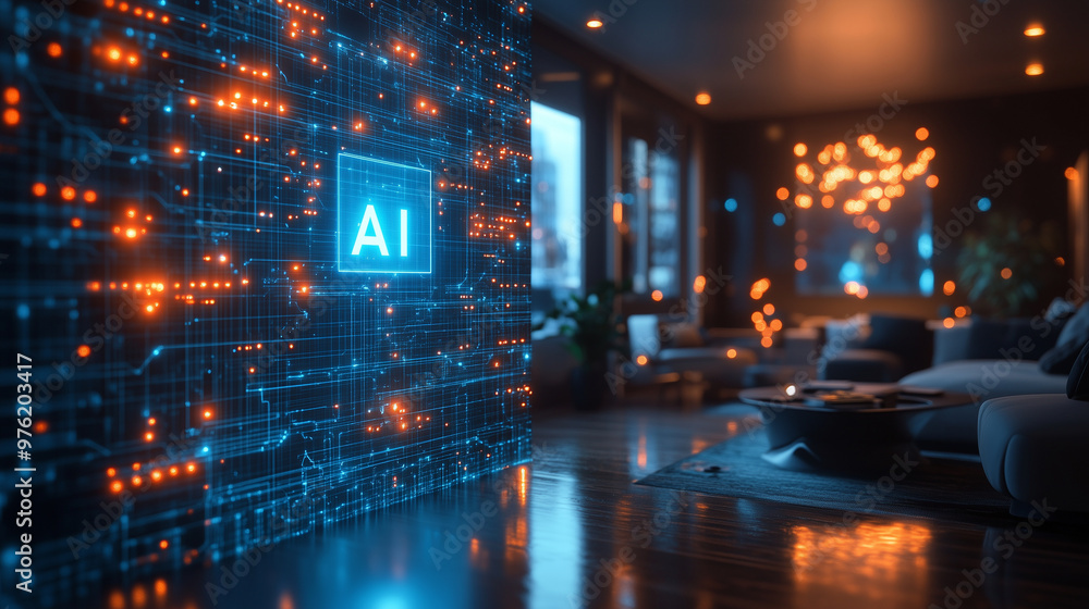 "AI" displayed on a floating screen in the middle of a futuristic smart ...