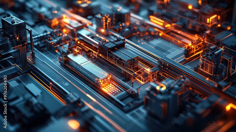 High-tech circuit-inspired industrial layout glowing with orange and ...