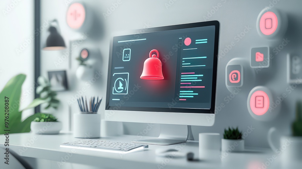 Computer with glowing red alert icon on the screen, indicating system ...