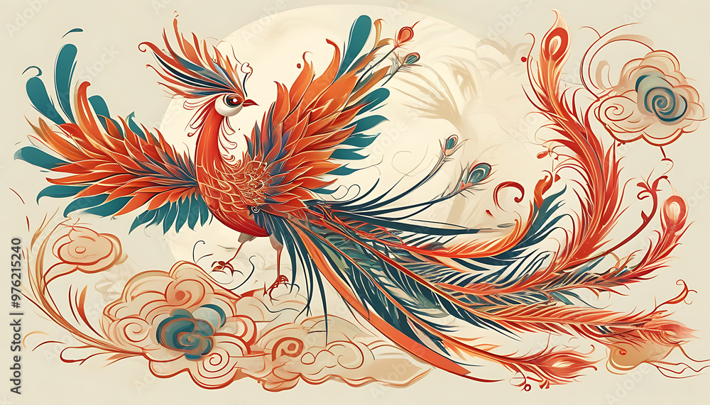 Create an illustration of traditional Chinese phoenix symbol, featuring ...