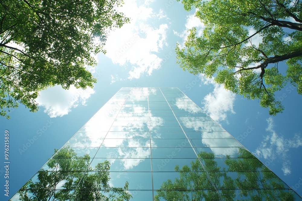Reflective glass building surrounded by lush green trees and blue sky ...