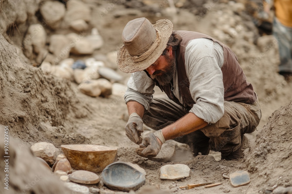 Archaeologist unearths ancient artifacts in excavation site Stock Photo ...