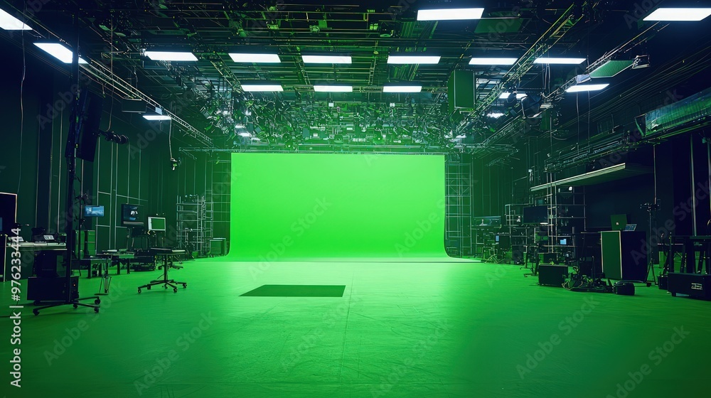 A green screen setup in a modern movie studio, highlighting the ...