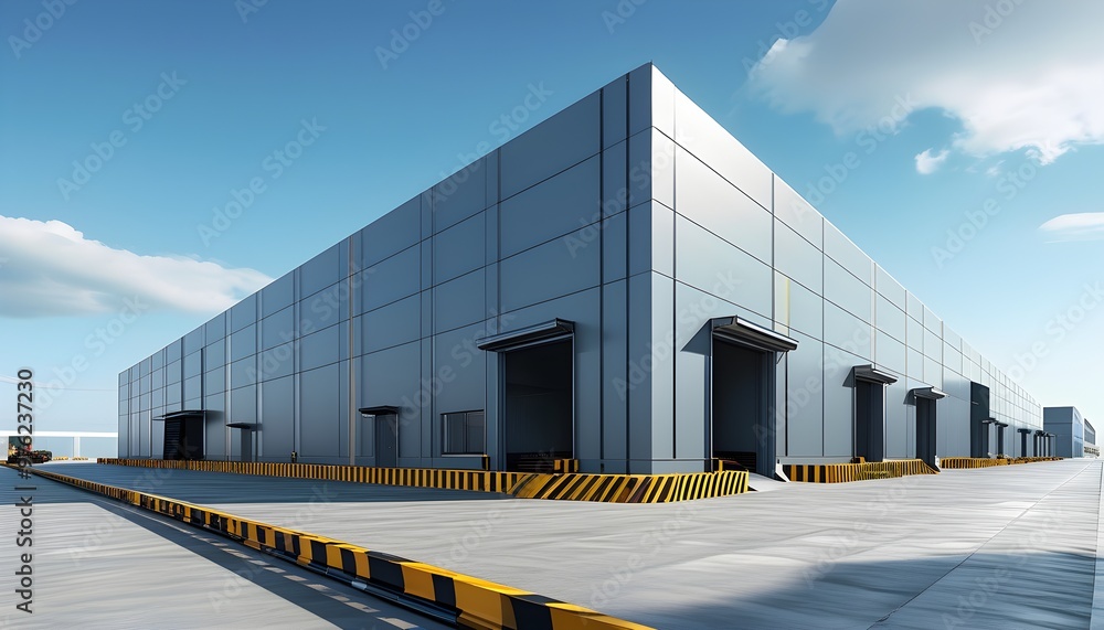 Contemporary logistics facility featuring multiple loading docks and ...