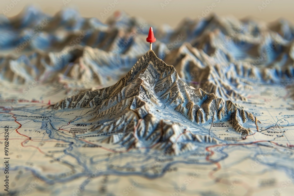 The detailed map showcases rugged mountain ranges rendered in 3D, with ...