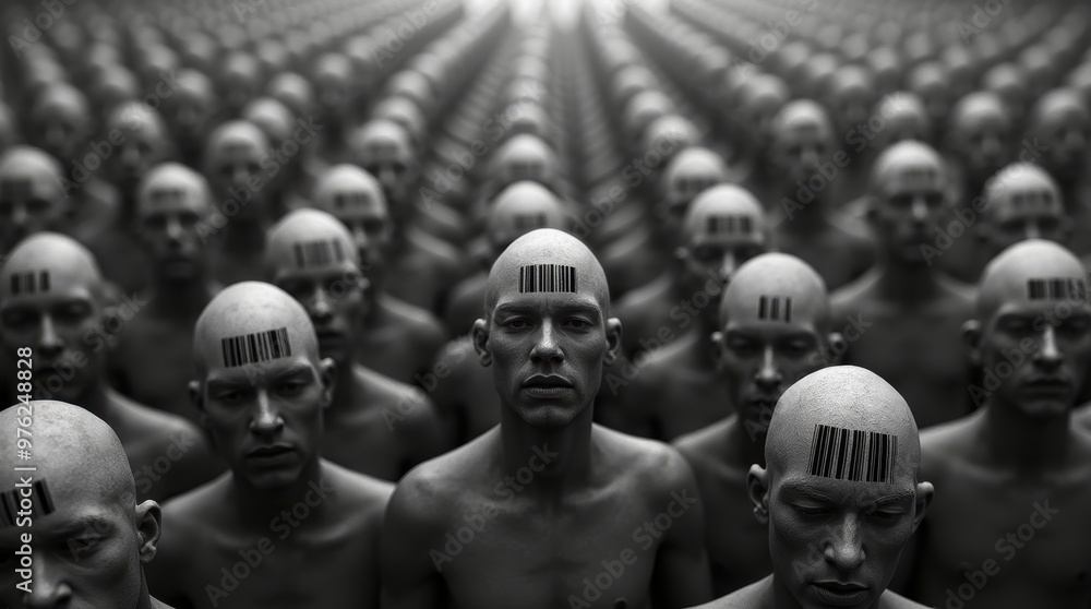Serious-Faced Bald Individuals Marked with Barcodes on Their Foreheads ...