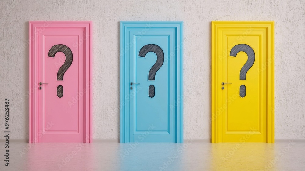 Brightly colored doors with question marks illustrate the intersections ...