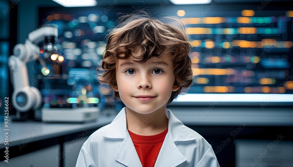 Curious young scientist in a tech lab coat exploring the wonders of ...