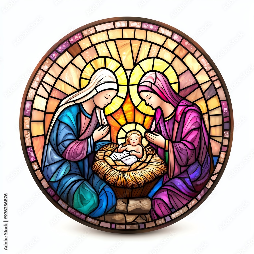 Vibrant stained glass depicting the nativity scene with Mary, Joseph ...