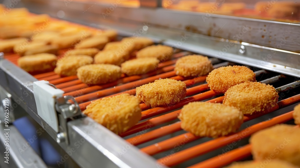industrial food production line showcasing breaded chicken nuggets in ...