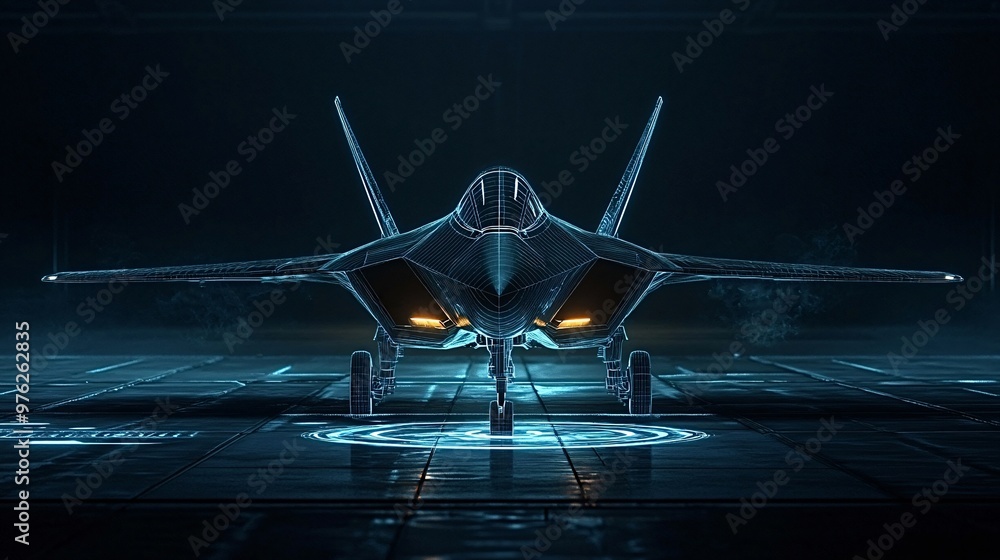 Holographic projection of a futuristic fighter jet being analyzed in a ...
