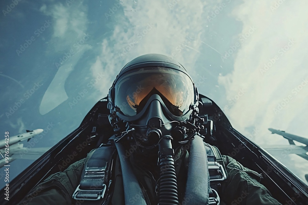 Skilled fighter pilot soars high above the clouds, navigating through ...