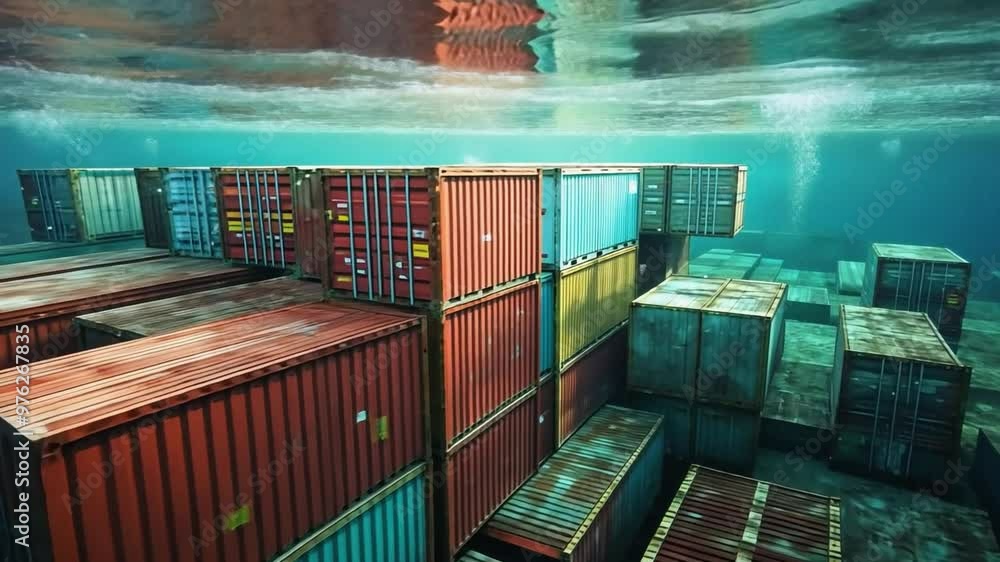 Cargo containers falling from ship and sinking to the ocean floor Stock ...