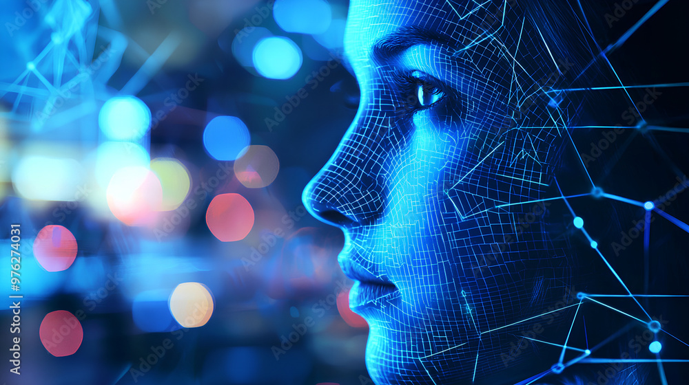 head with code, head of a girl, which is in a grid for 3D visualization ...