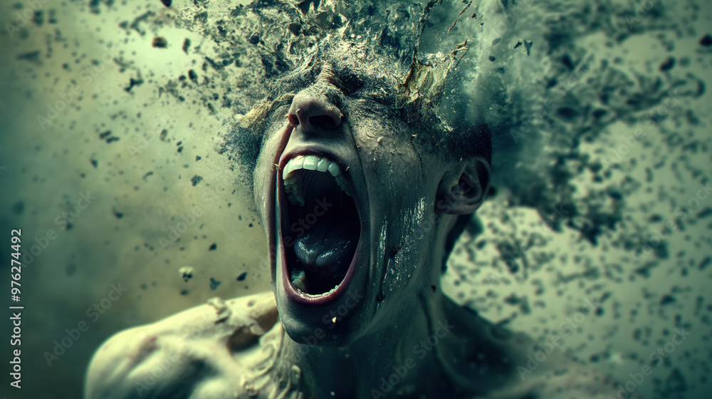 Person screaming as their head seems to disintegrate into fragments ...