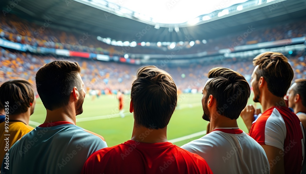 Dynamic soccer stadium filled with energetic fans cheering as players ...