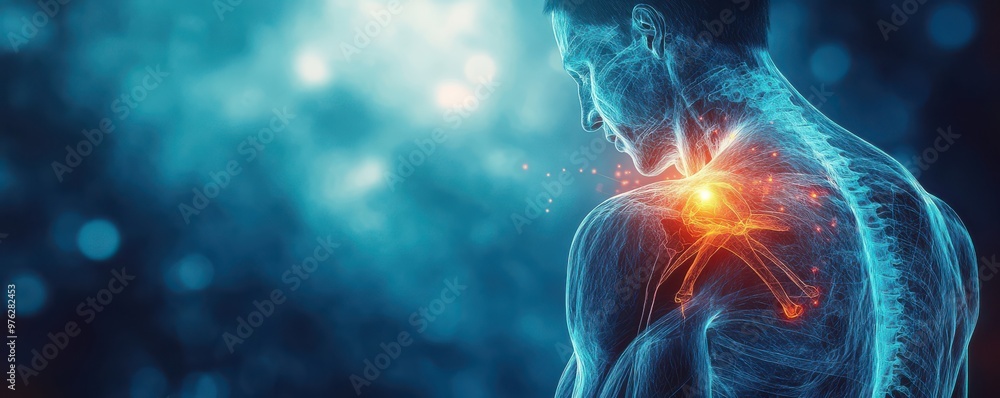 X-ray image depicting shoulder pain with highlighted nervous system and ...