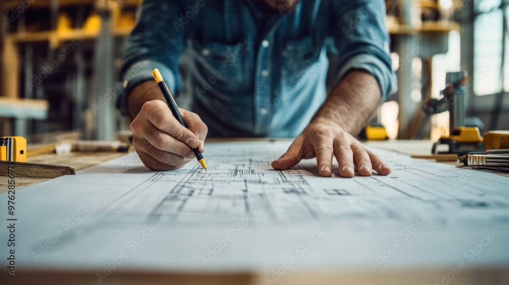 The engineer is seated at a table with a blueprint spread out before ...