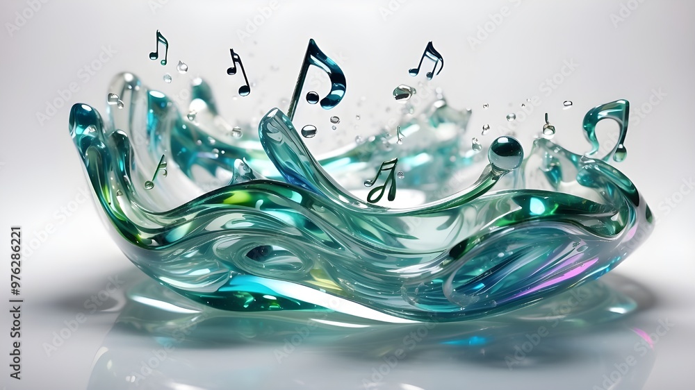 A single musical note floating above crystal clear, iridescent water in ...