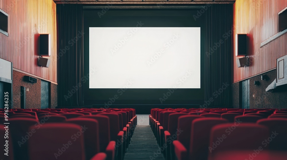 An empty cinema with red seats and a white blank screen, ready for an ...