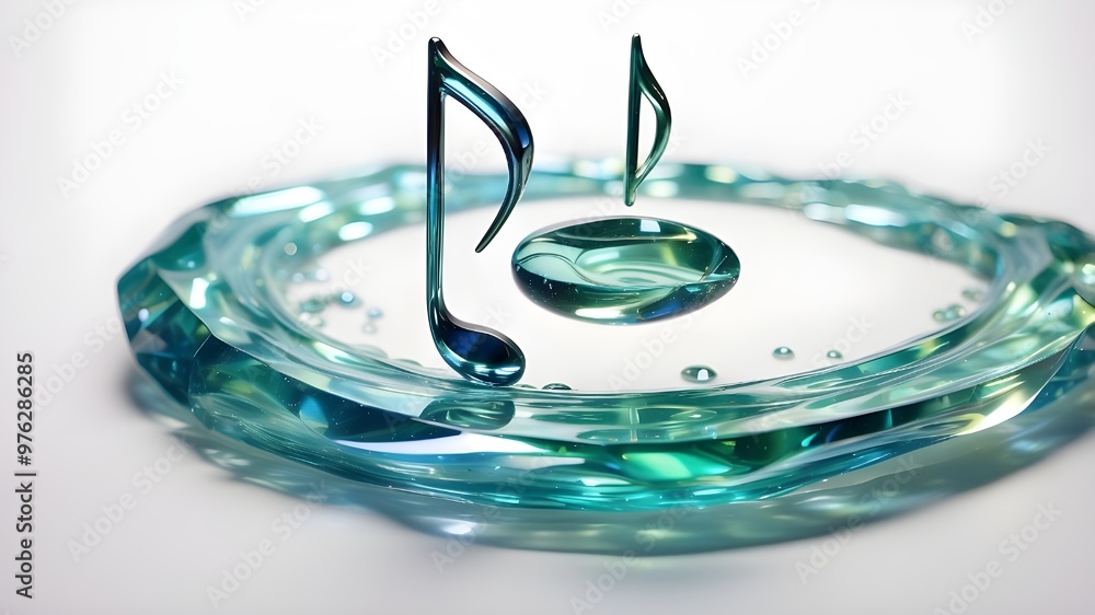 A single musical note floating above crystal clear, iridescent water in ...