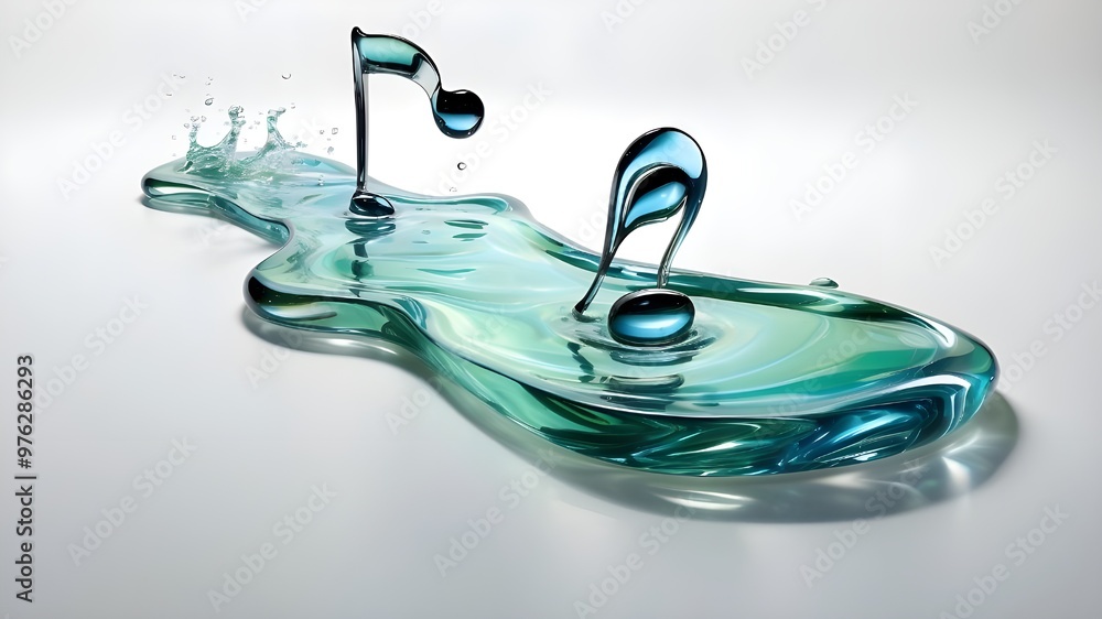 A single musical note floating above crystal clear, iridescent water in ...