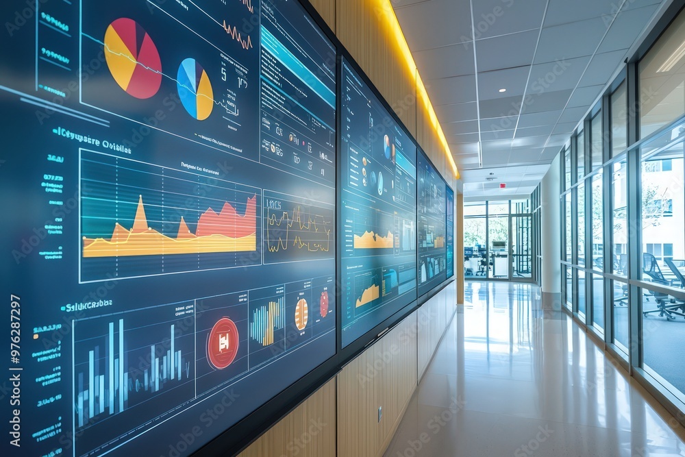 An extensive health data analysis display on a digital wall in a high ...