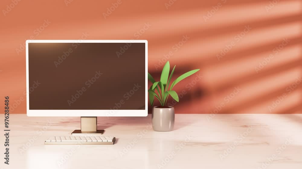Workspace animation. 3d render, realistic minimal design. Computer ...