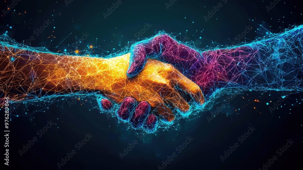 An abstract illustration of two hands shaking, rendered in digital ...