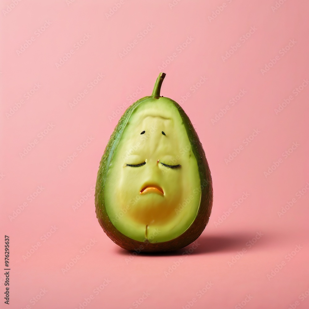 A half-cut avocado with a sad expression, beautifully carved with ...