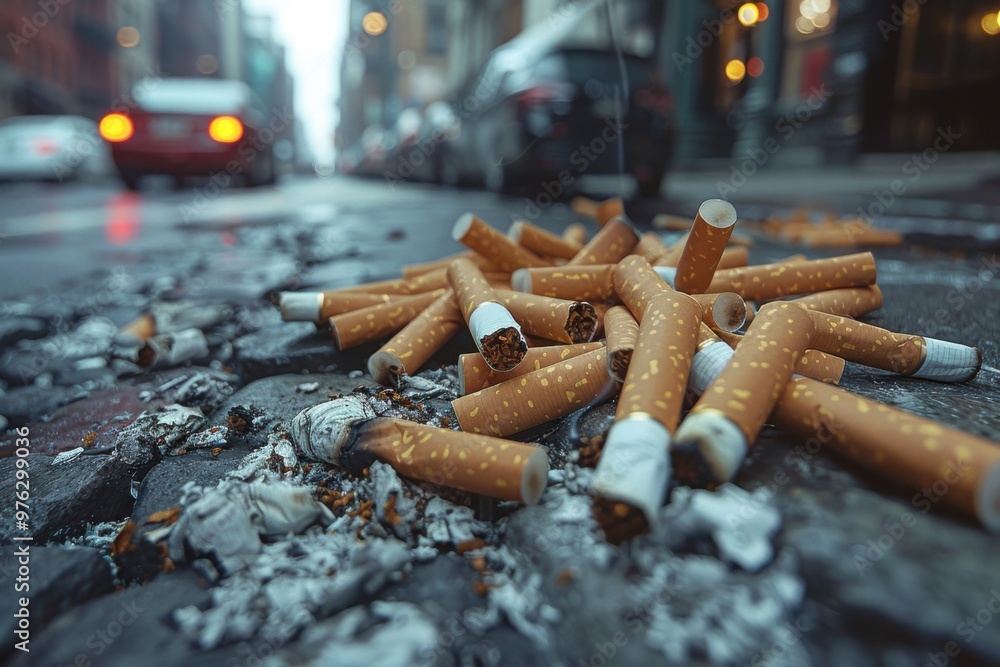 Cigarettes are scattered on the ground on a city street, great smokeout ...