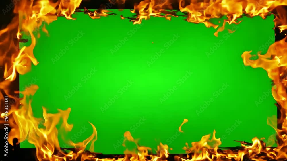 Burning frame on green screen background. Fire border effect. Abstract ...