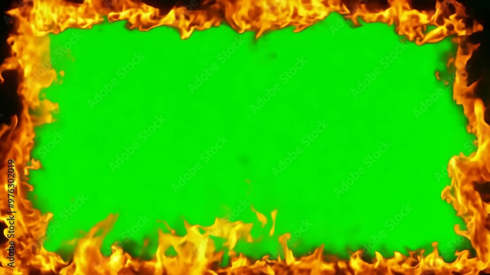 Burning frame on green screen background. Fire border effect. Abstract ...